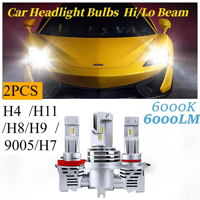 2Pcs M3 LED H4 H7 H11 H8 H9 Car Headlight Bulbs Hi/Lo Beam 6000lm 6000K ...