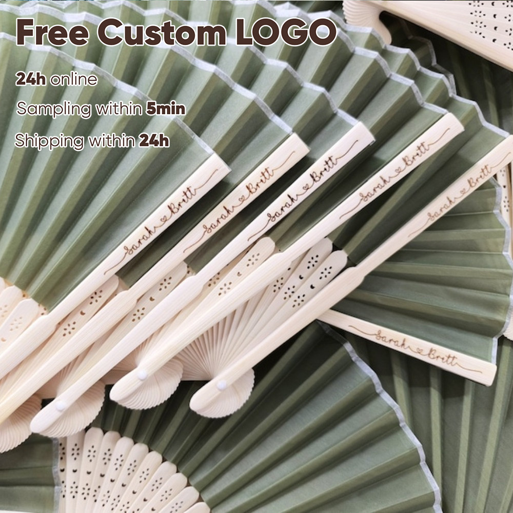 Free Customized Custom Wooden Green Fabric Hand Fans For Wedding Party ...