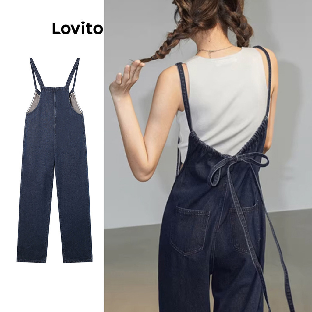 Lovito Women Casual Plain Tie Back Pocket Cut Out Denim Overalls ...