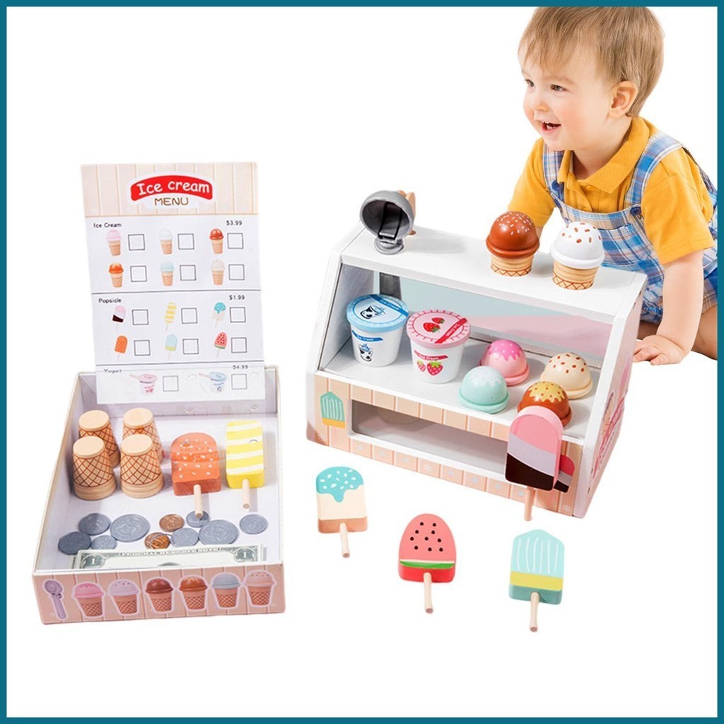 Toy Ice Cream Set Wooden Play Food Ice Cream Counter Pretend Ice Cream ...