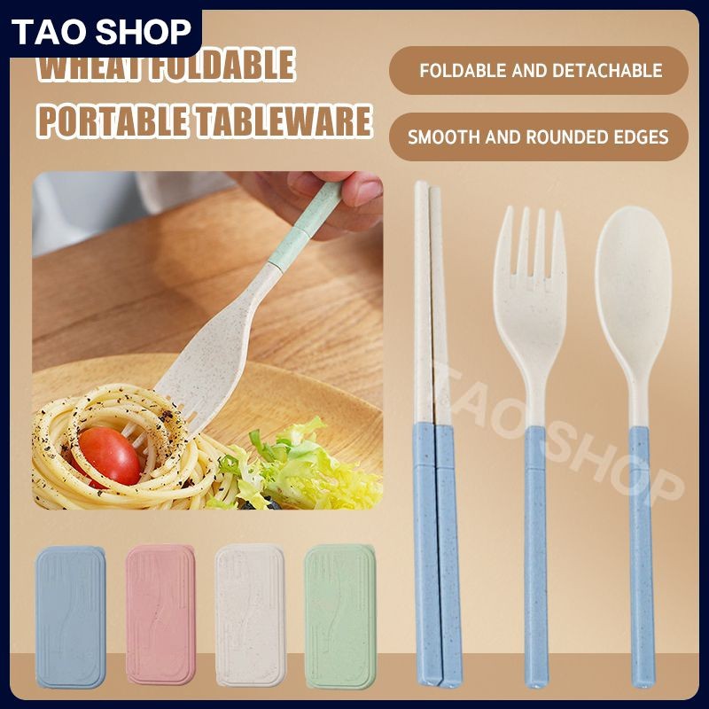 3pcs Set Reusable Folding Wheat Straw Chopstick Spoon Fork Cutlery Set ...