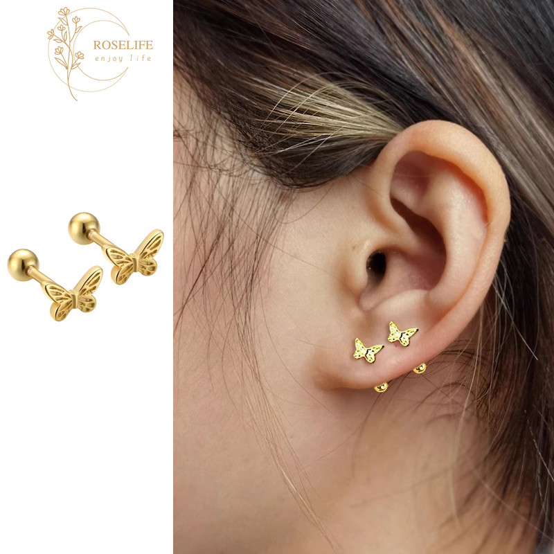 Roselife 2 Pcs Vintage 14K Gold Butterfly Screw Earrings for Women Girls Hypoallergenic Pierced ...