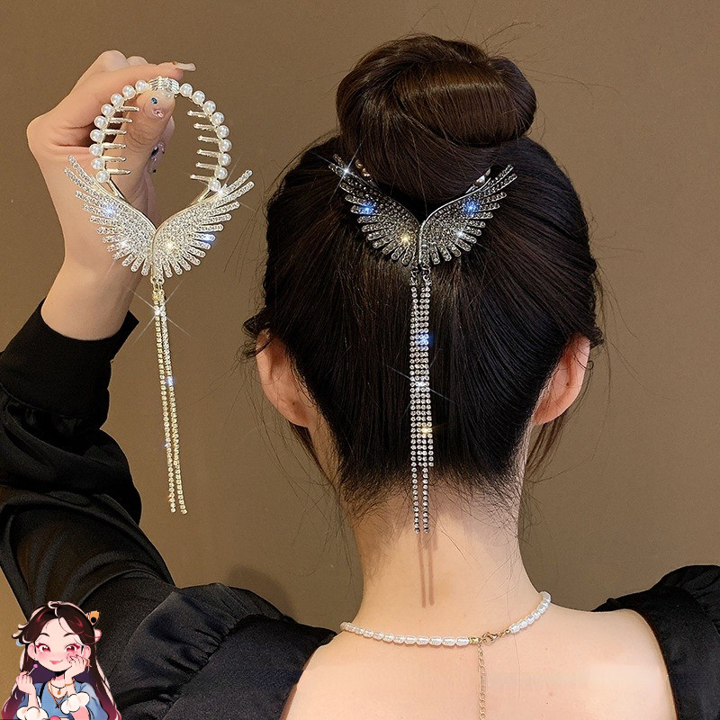 Korean Angel Wings Tassel Hair Bun Buckle Hairpin Head Ponytail Buckle ...