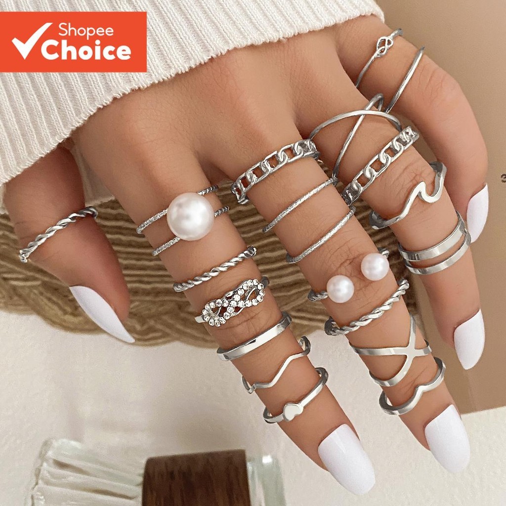 Elegant Pearl Rings Set 19Pcs Metal Jewelry Fashion Accessories for ...