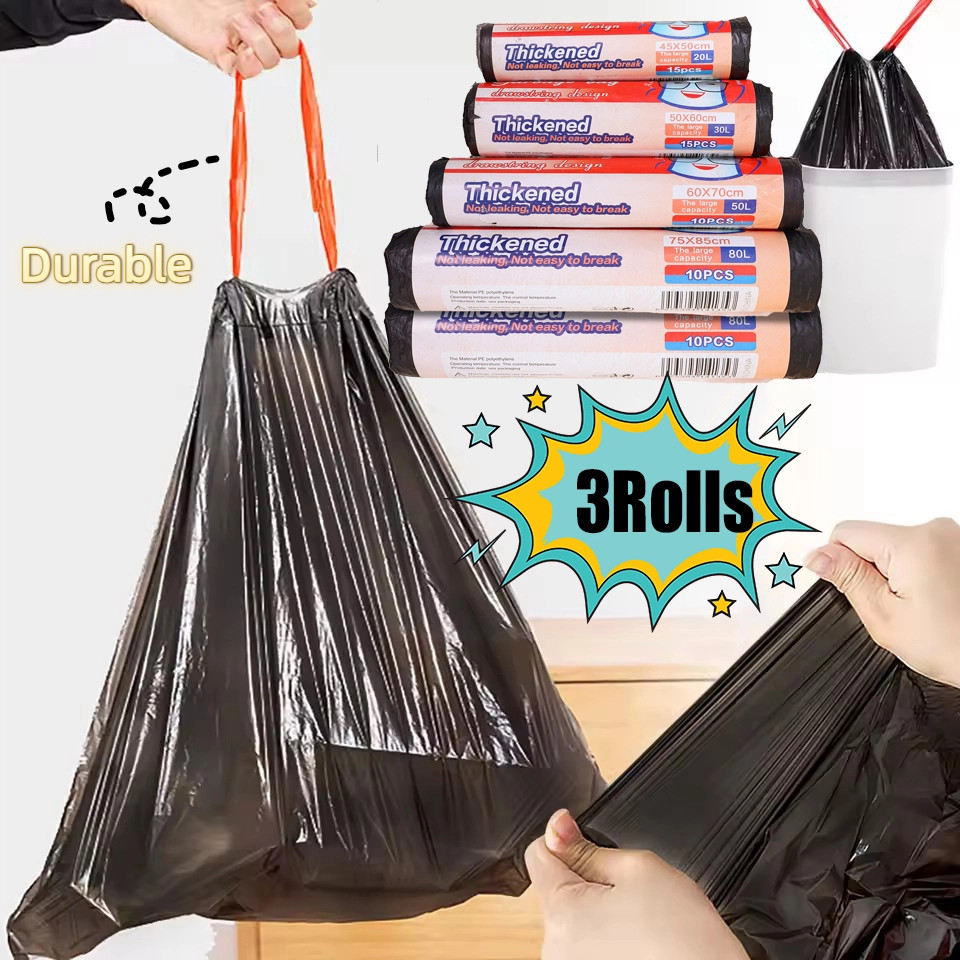 3 Rolls Trash Bags with Handle - Thickened, Portable, Drawstring Seal ...