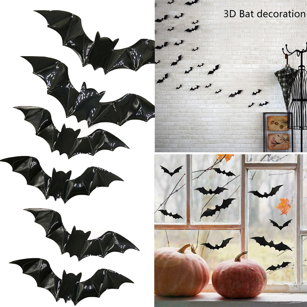 16/24Pcs 3D Bats Wall Stickers Halloween Wall Window Decor, Black ...