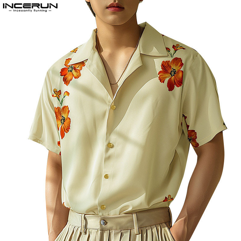 INCERUN Men Korean Fashion Floral Print Turn Down Collar Short Sleeve ...