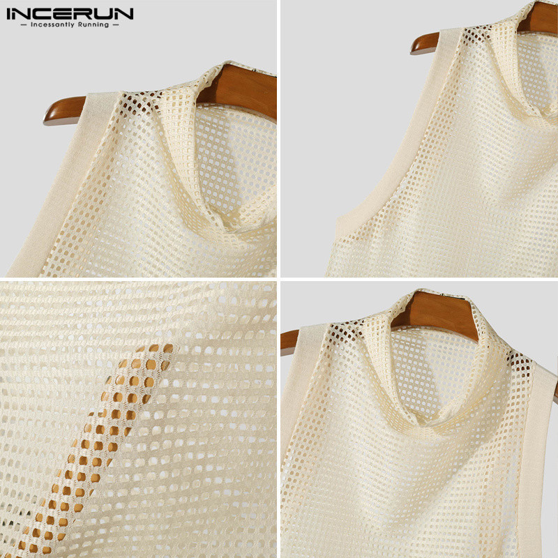 INCERUN Men Vintage Casual Mesh Hollow Pile Collar Sleeveless Loose ...
