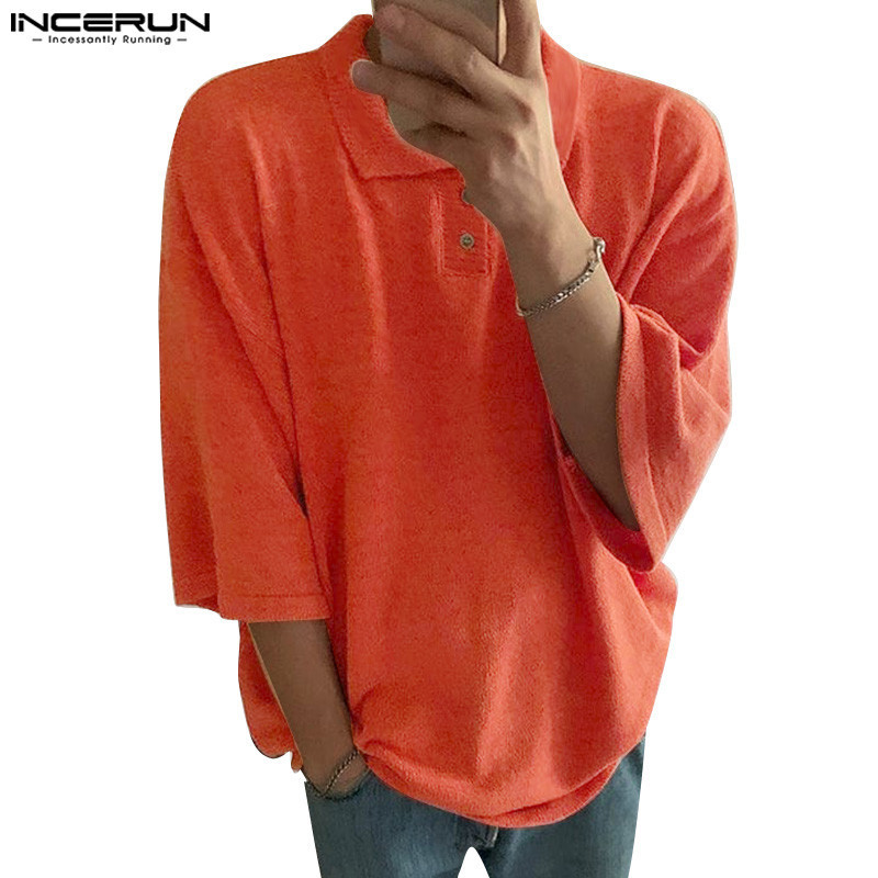 INCERUN Men Korean Casual Loose Solid Color Half Sleeve Lapel POLO ...