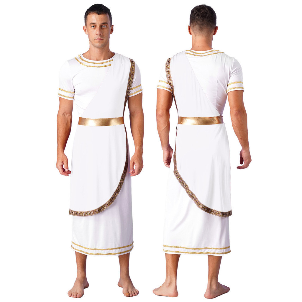 Men Greek Caesar King Cosplay Costume Short Sleeve Retro Gold Trim ...