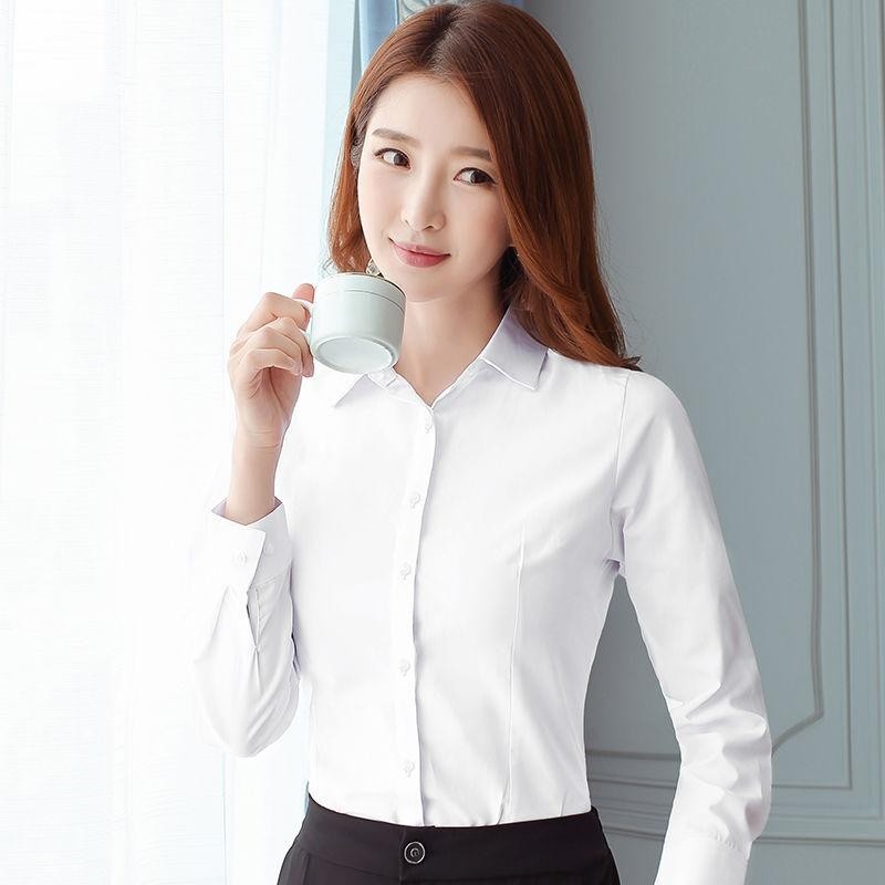 Women's Elegant White Work Shirt, Stylish Long-Sleeve Office Tops ...
