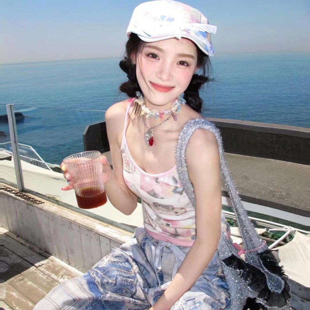 [Galaxy Night Market] Y2K INS Cartoon Graffiti Print Detachable Streamer Hot Girl Sling Top Slim ...