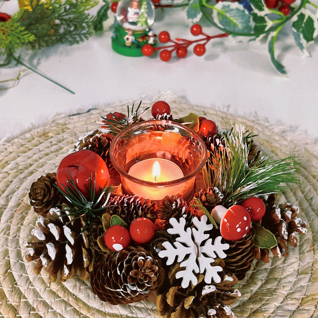 COD Christmas Candle Holders Glass Votive Candle Holder Berry Pinecones ...
