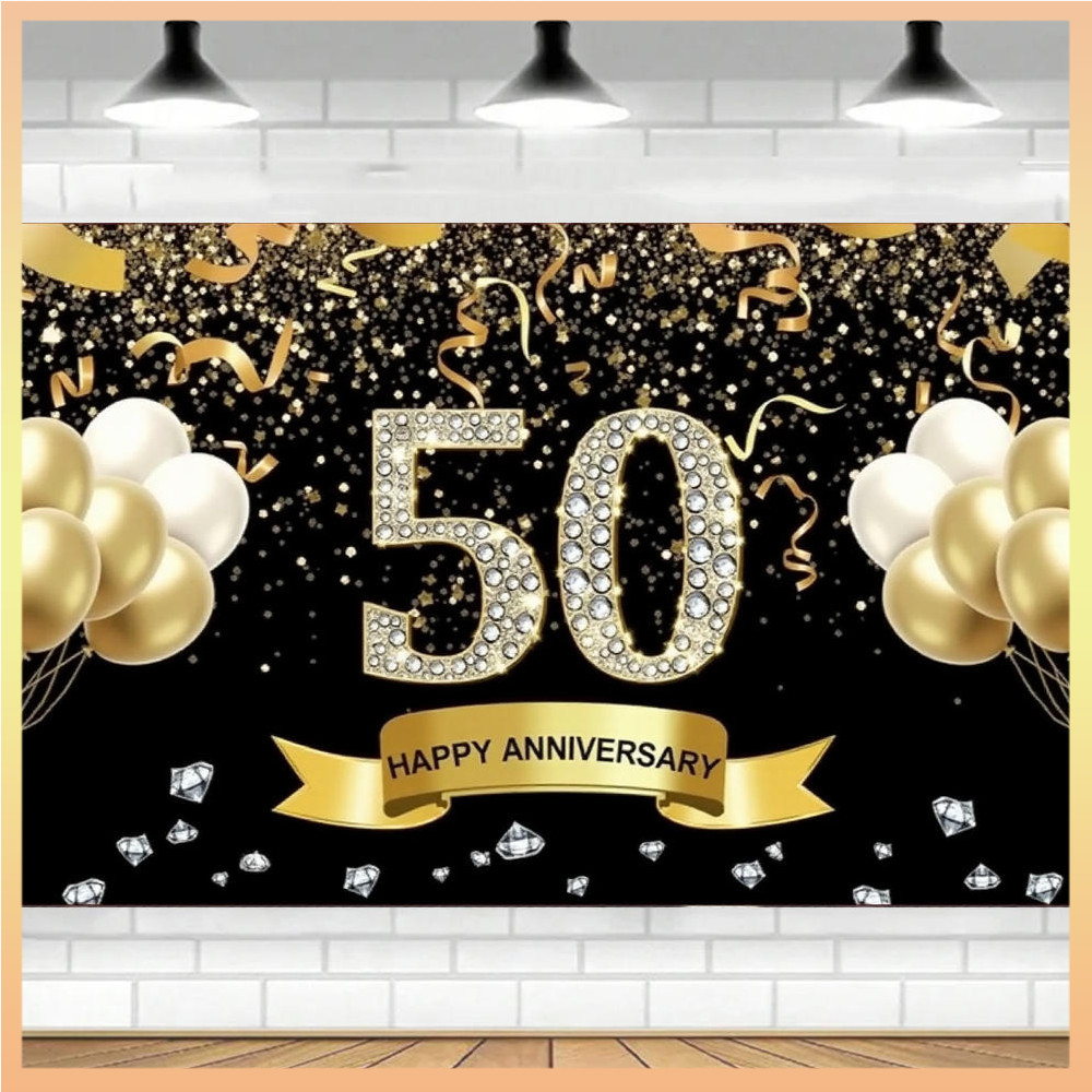 50th Anniversary Wedding Anniversary Decoration, Black Gold 50th Anniversary Banner Backdrop ...