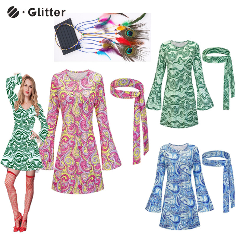 Women 60s 70's 80s Disco Floral Fashion Mini Dresses Hippie Girl ...