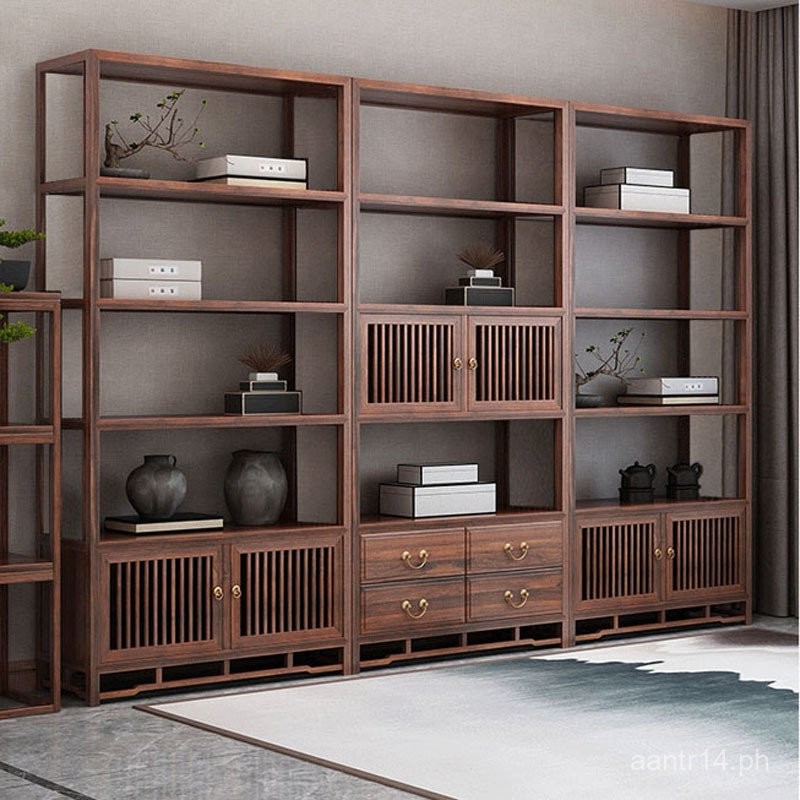 New Chinese Style Solid Wood Bookshelf Elm Wood Display Cabinet Zen ...