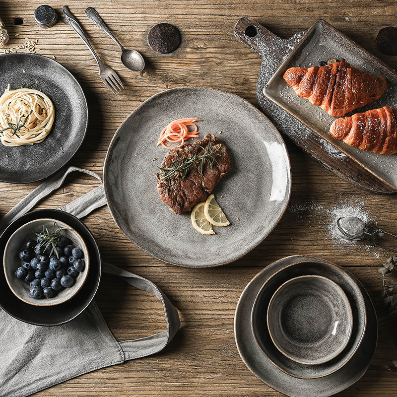 Kitchen Plus Japanese Vintage Glossy Style Ceramic Plate Set Serving ...