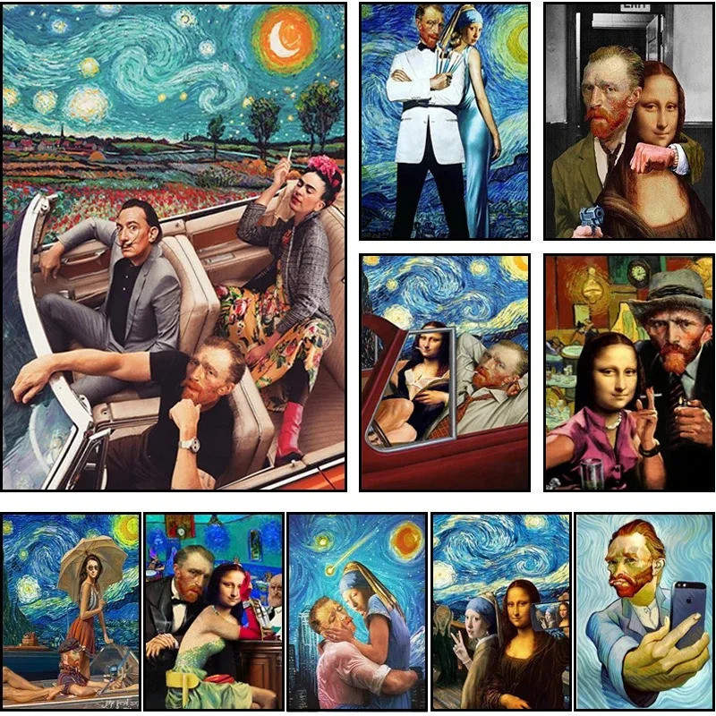 Funny Abstract Van Gogh and Friends Canvas Painting Mona Lisa Modern ...
