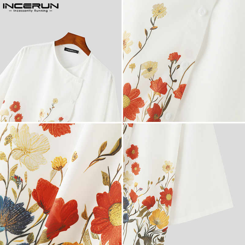 INCERUN Men Korean Fashion Irregular Crossover Design Floral Print ...