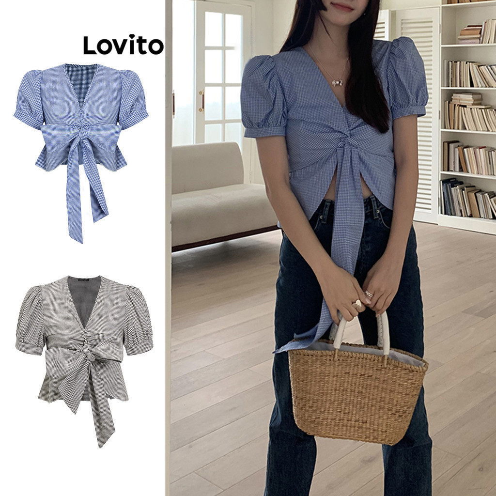 Lovito Women Casual Blouse Gingham Lace Up Puff Sleeve Blouses LNA20036 ...