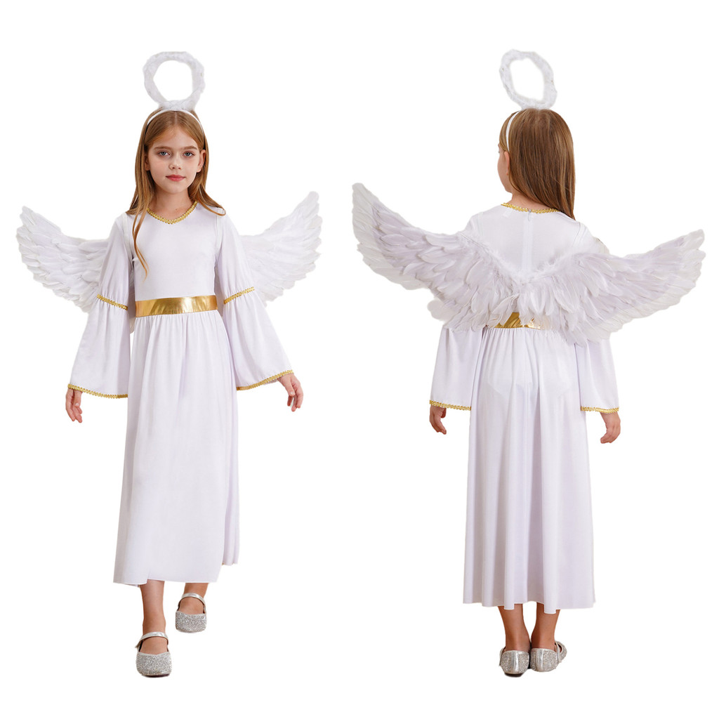 3Pcs Girls Angel Costume Angel Dress Long Sleeve Gold Trim Patchwork ...