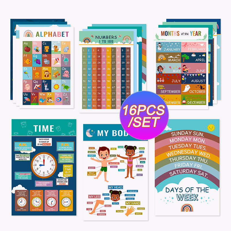 16/10 PCS Big Educational Charts For Kids Wall Laminated Educational ...