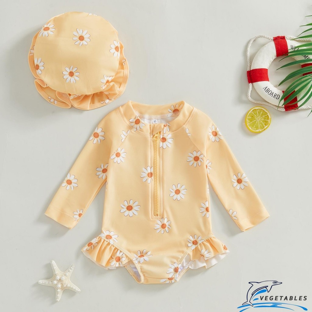 ZHY-Baby Girls Swimsuit Long Sleeve Flower Print Zipped Bikini with Hat ...