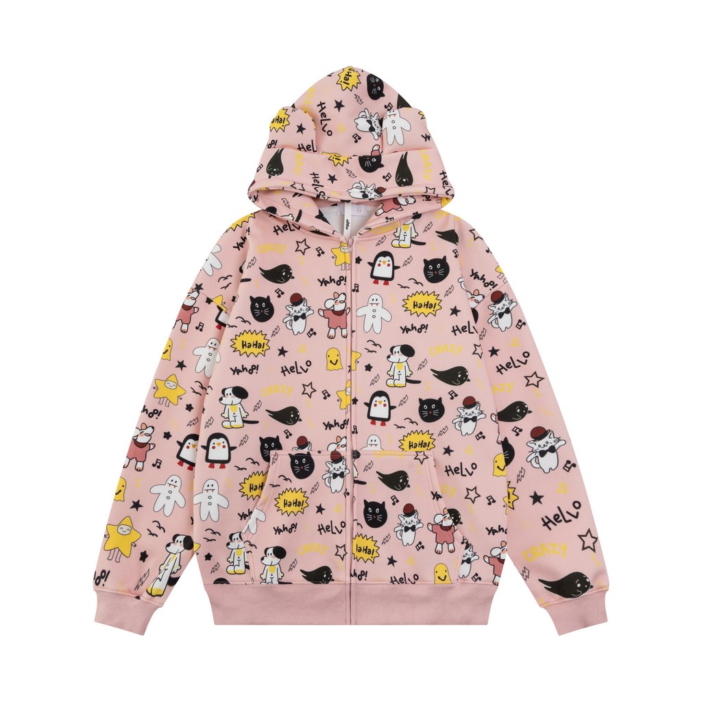 Full Print Hello Kitty Cartoon Ear Hooded Cardigan Sweatshirt European ...