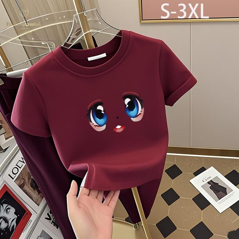 Naka-print na short-sleeved na T-shirt na may malalaking mata at hugis ...