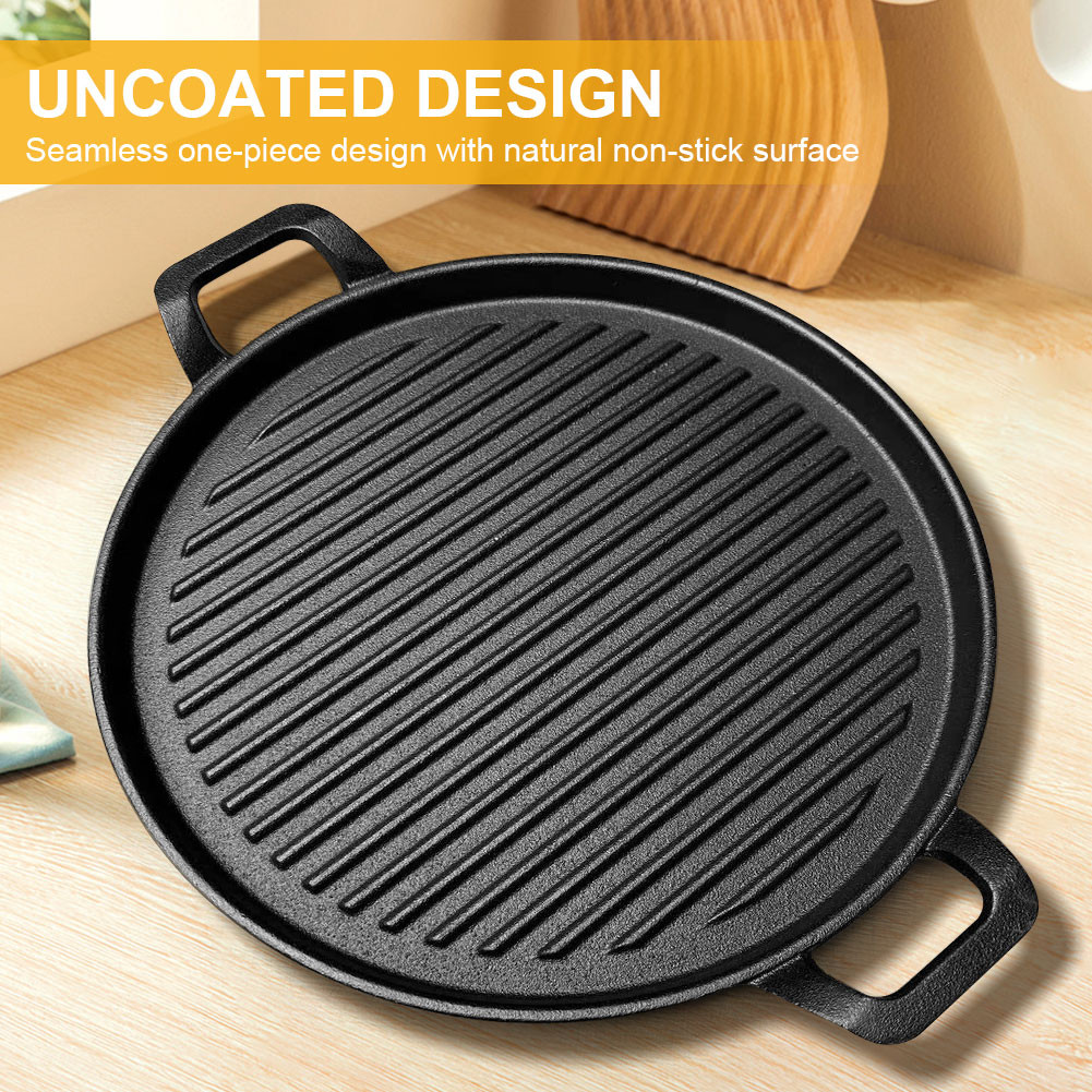 ♚WM♚ Cast Iron Grill Plate Flat & Ridged Skillet Pan with Handles ...