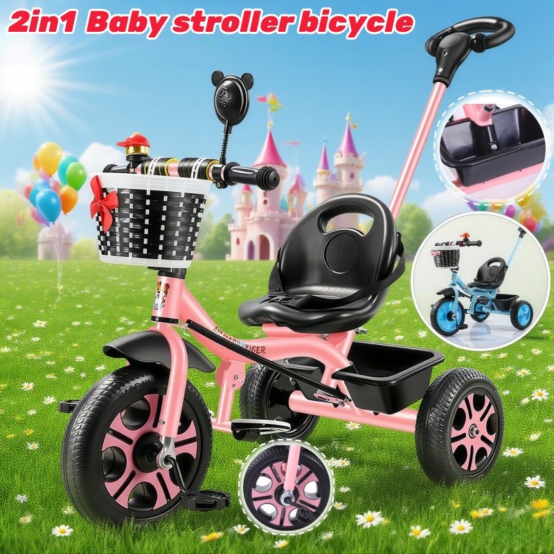 2in1 Stroller Bike for Kids 3 Wheels Bike with Basket Push Girl Kids Trolley Handle Stroller ...