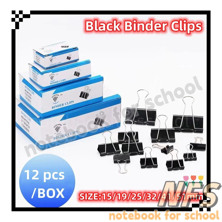 12pcs Black Binder Clips Paper Multipurpose 15mm 19mm 25mm 32mm 41mm ...