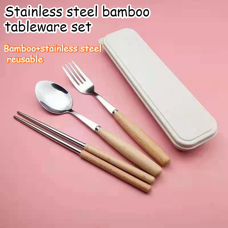 304 stainless steel bamboo tableware set, spoon and fork, chopstick set ...