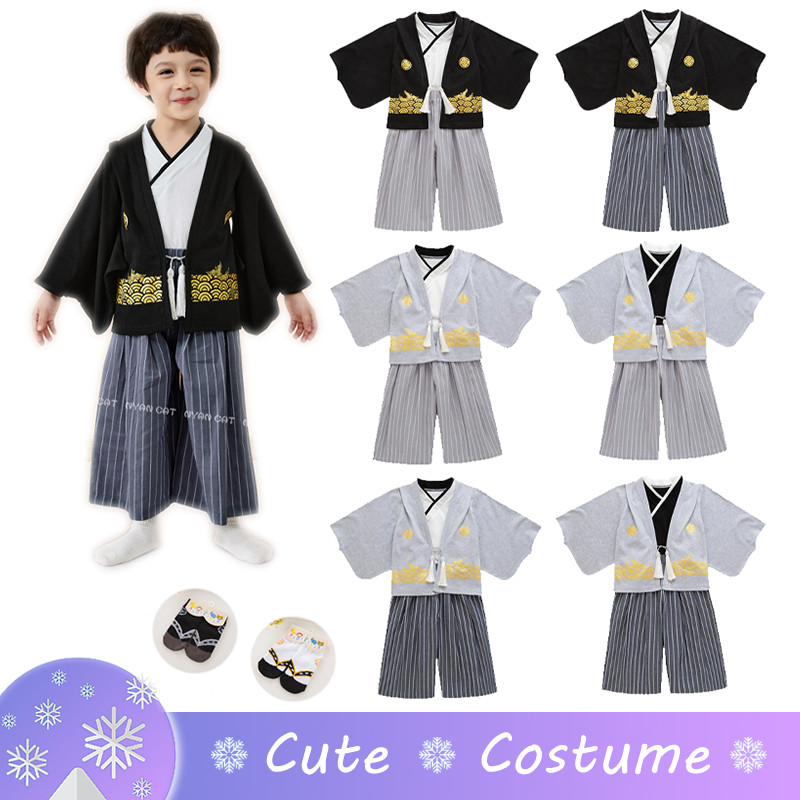 Summer Yukata Japanese Kimono Costume Set For Kids Boy Black Gray ...