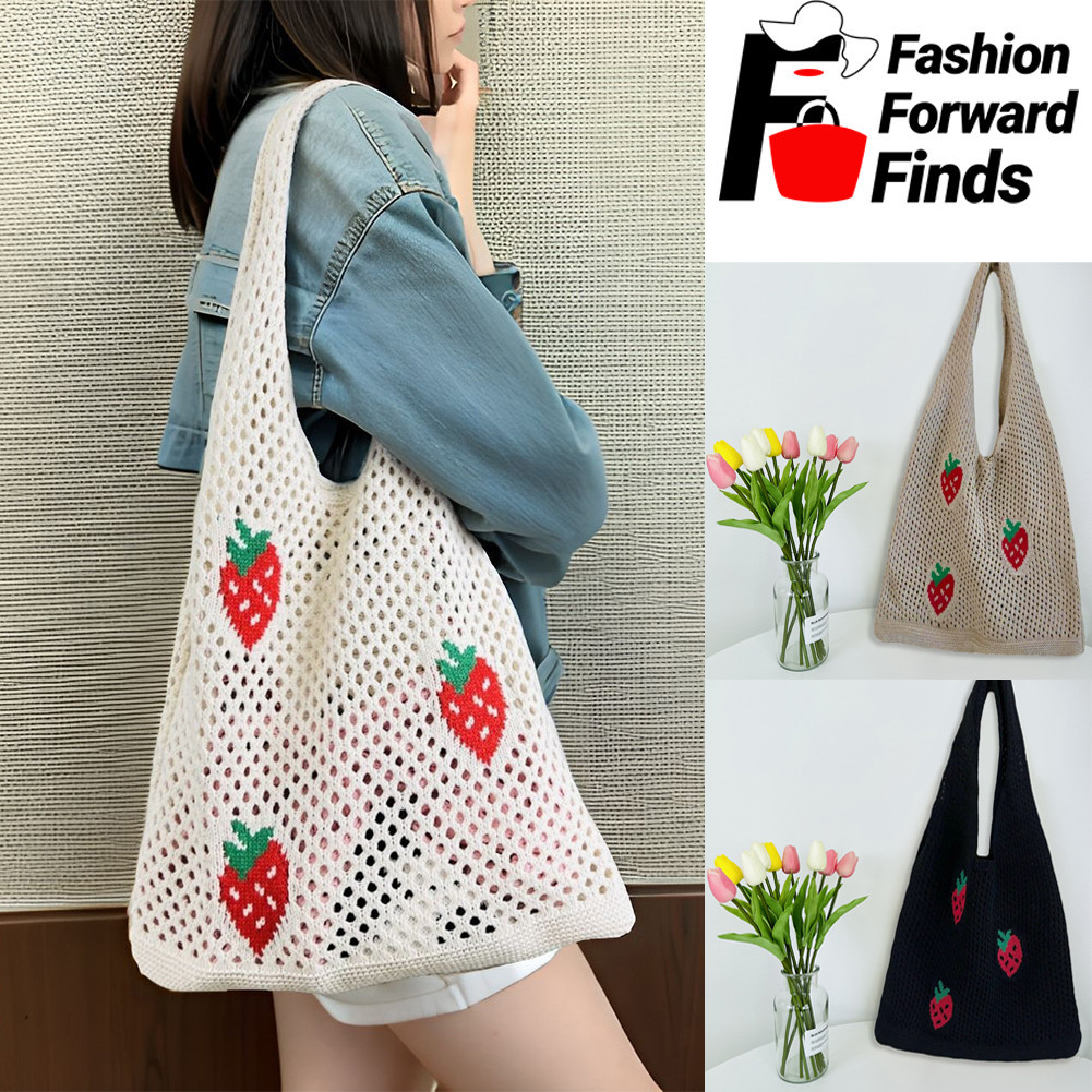 Strawberry Pattern Knitting Shoulder Bag Large Capacity Crochet Hollow ...