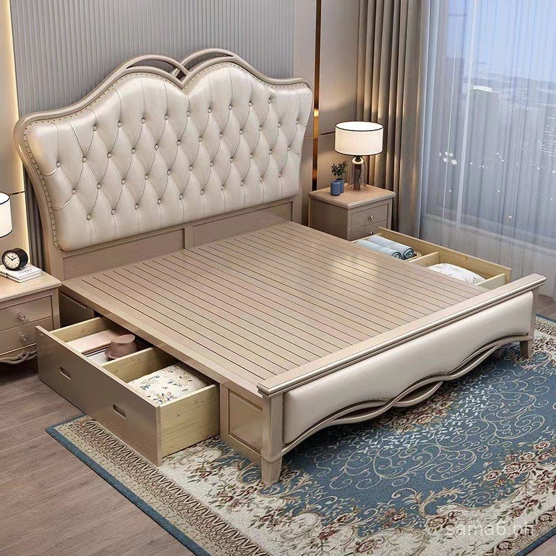 Solid Wood Bed American Light Luxury Modern Minimalist Leather Bed Master Bedroom1.8Rice Double ...