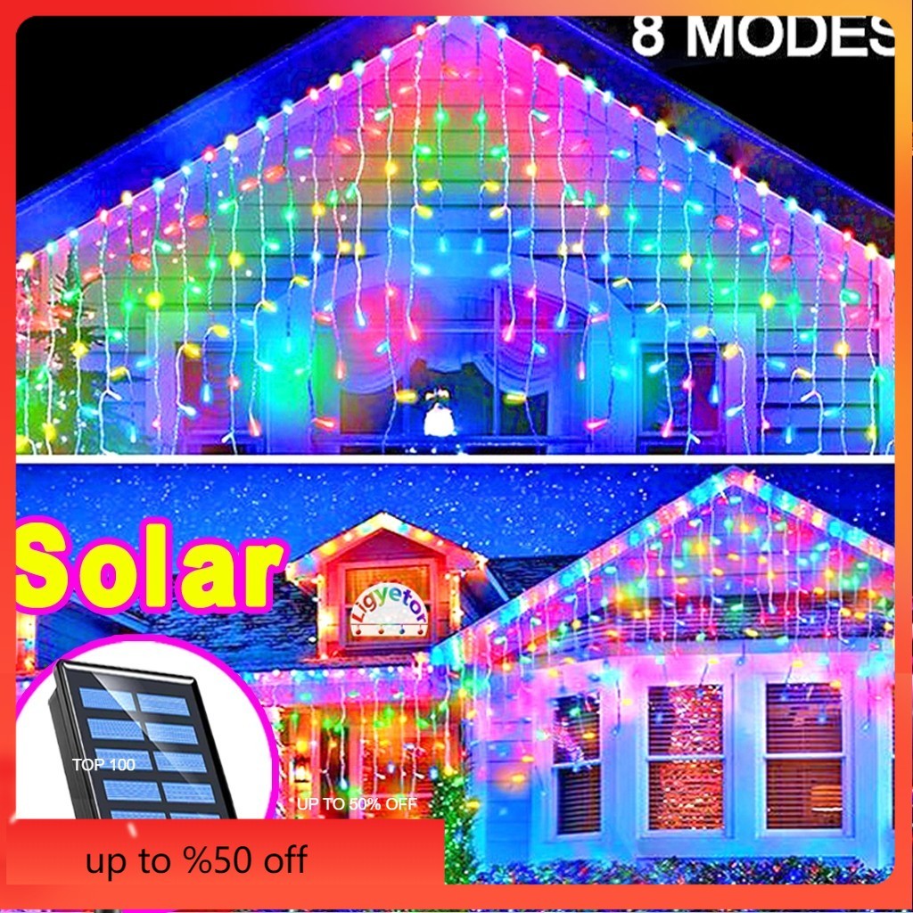 Solar Fairy Icicle Lights 96/200 LED Outdoor Waterproof Christmas ...