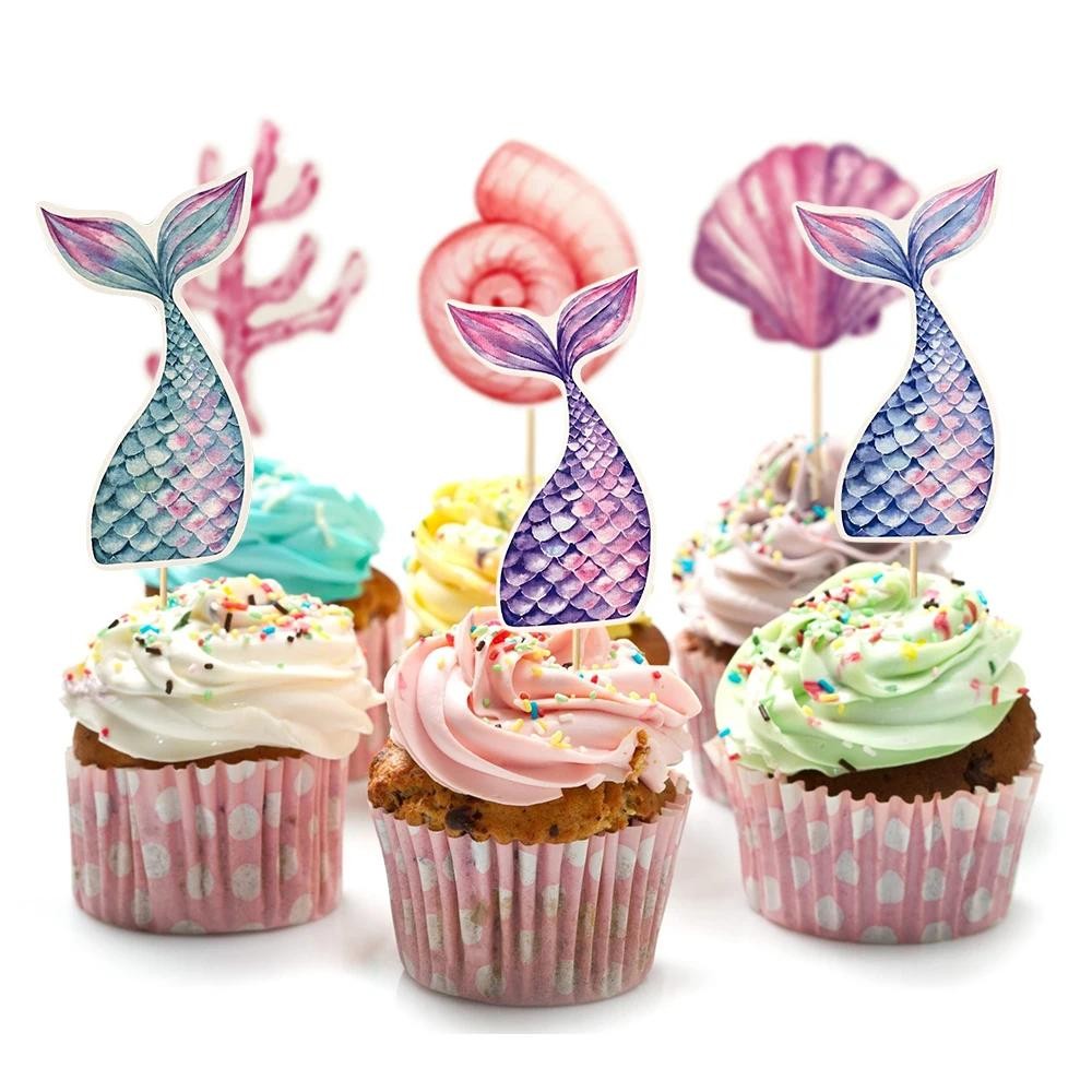 9pcs Mermaid Cake Toppers Purple Pink Mermaid Tail Sea Shell Coral ...