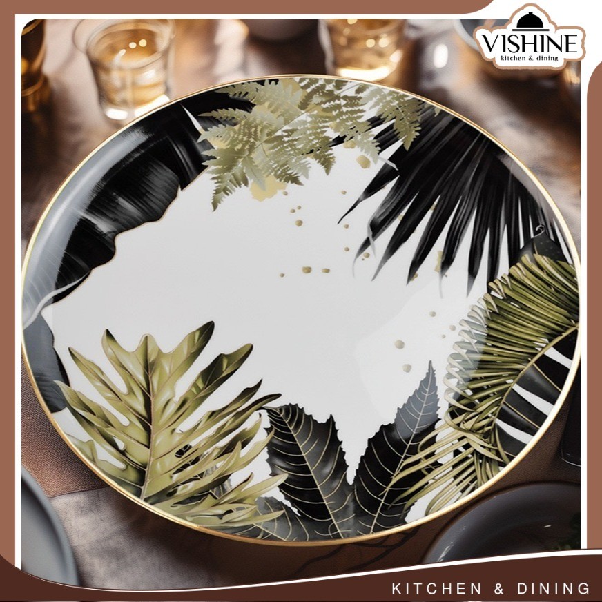 VISHINE.OFF Gold Rim Tropical Leaf Ceramic Dinner Salad Plates Hand ...
