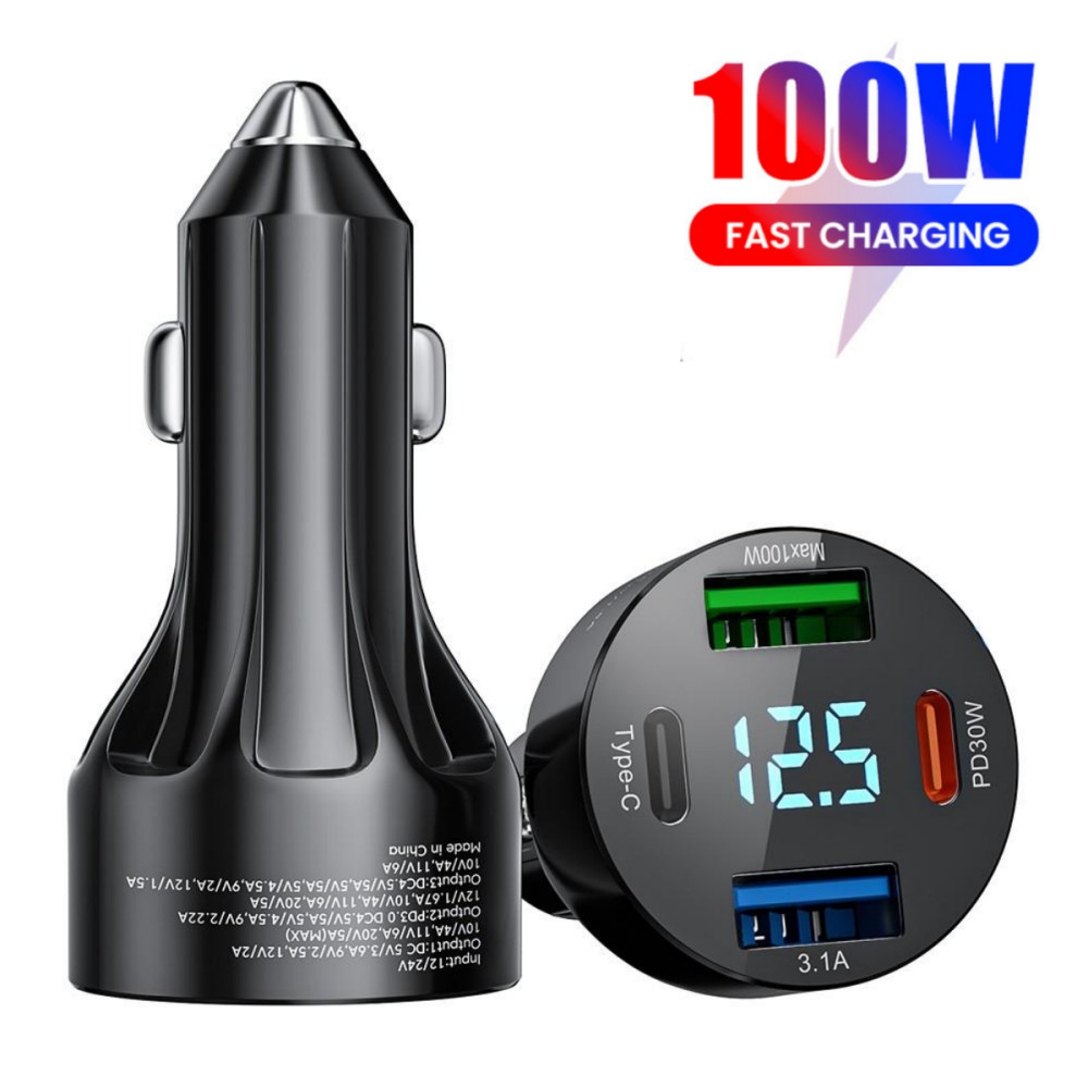 100W Digital Display Car Charger 4 Port Type C PD30W QC3.0 USB Car Phone Charger Super Fast ...