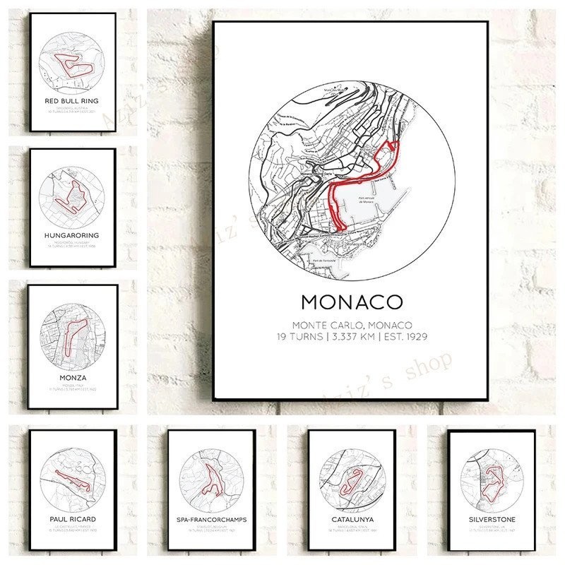 Formula 1 Track Map Poster F1 Hungary Abu Dhabi Bahrain Suzuka Monaco ...