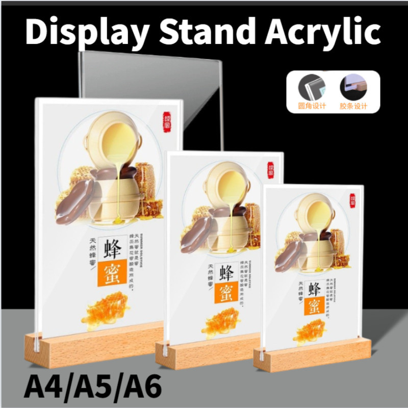 A4/A5/A6 Display Stand Acrylic T-Shape Double Sided Wooden Base Paper ...