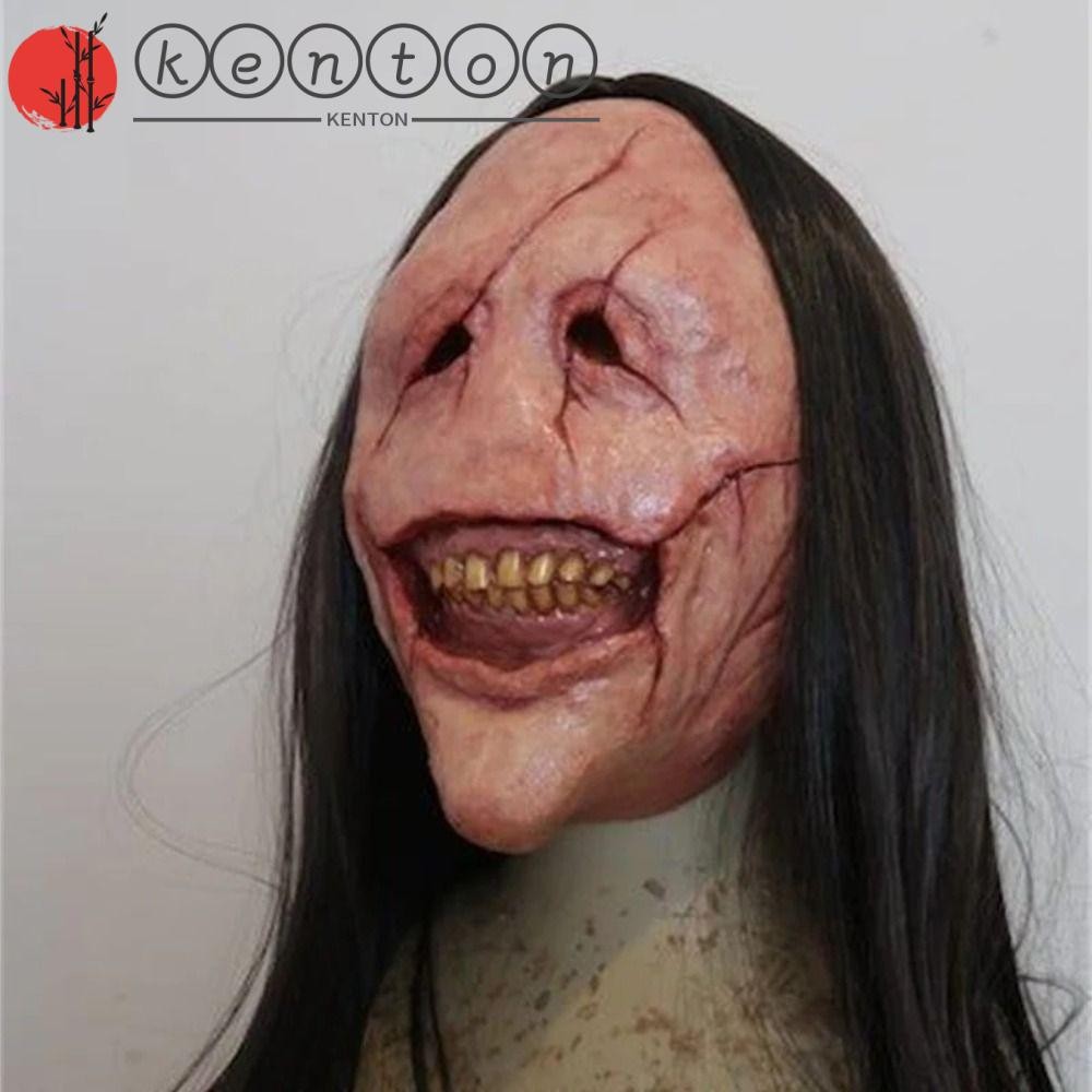 KENTON Long Hair Red Face Devil Mask, Scary Exposed Teeth Halloween ...