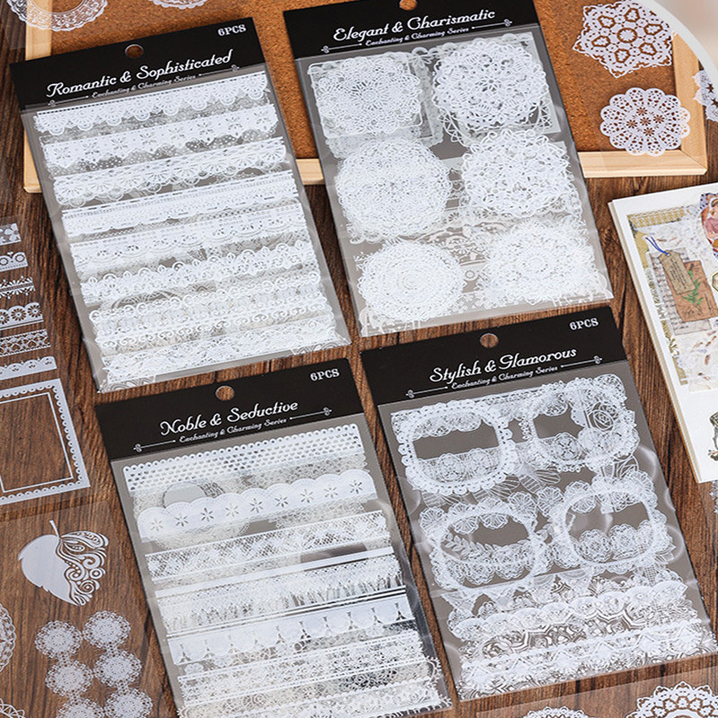 6 Sheets White Transparent Lace Stickers Decorative DIY Material Lace ...