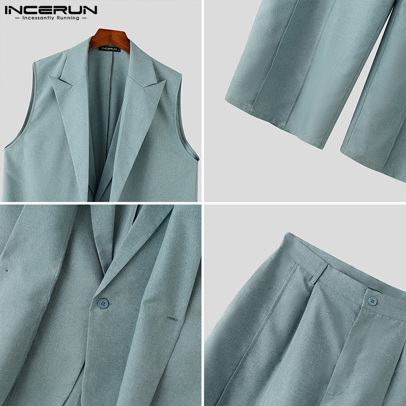 Incerun Men Vintage Sleeveless Fashion Loose Pleated Two-Piece Suits ...