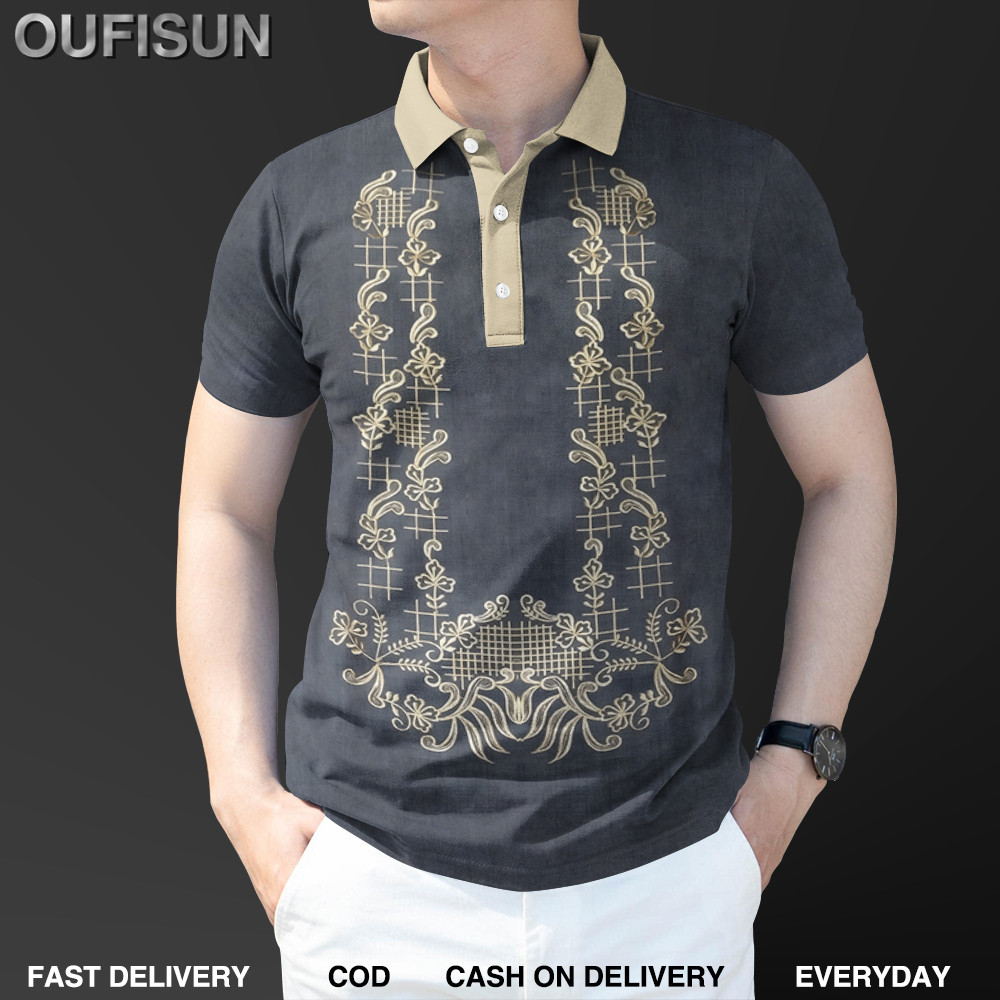 Ethnic Fashion Men's Short - Sleeve Polo Shirt Collar Intricate Pattern ...