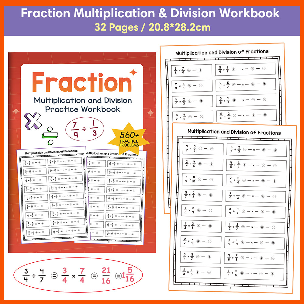 Math Fractions Workbook for Elementary Students - 32 Pages Multiplying ...