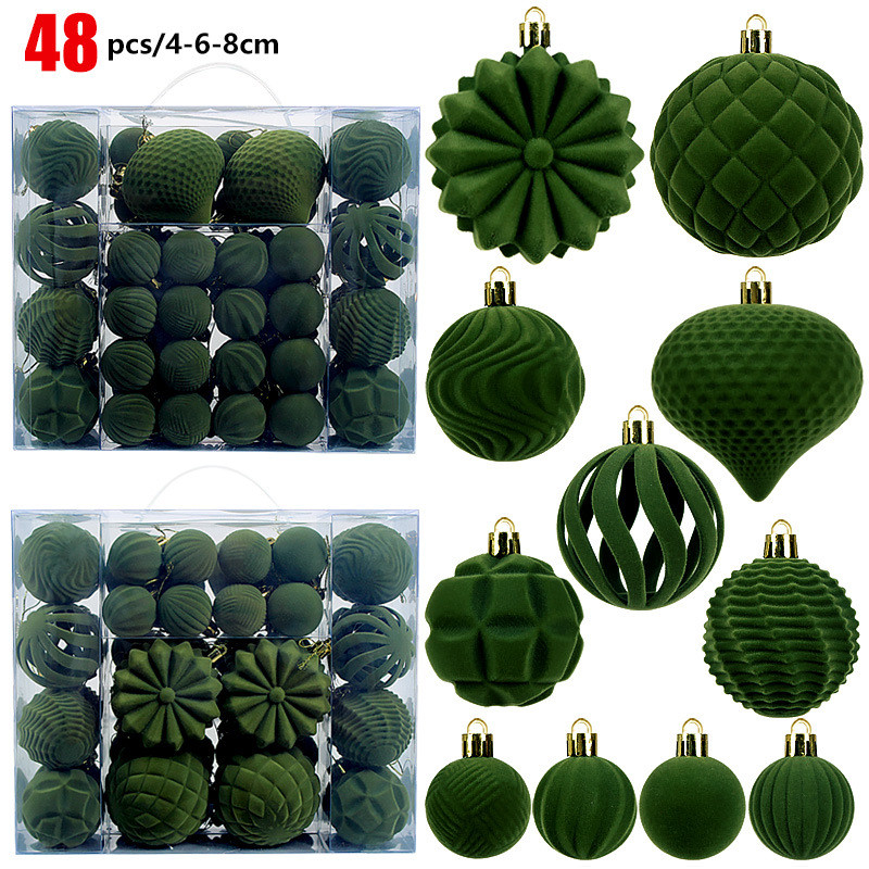 48pcs Flocking Christmas Ball 4/6/8cm Set Plastic Ball Army Green Wine ...