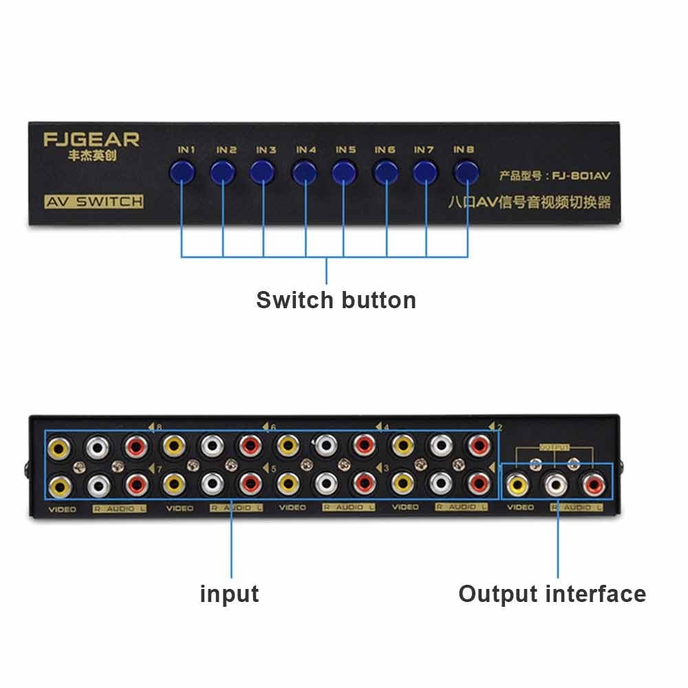 8-Way AV Switch RCA Switcher 8 in 1 out Composite Video L/R Selector ...