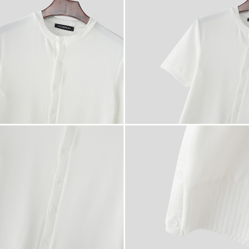 INCERUN Men's Knitted Solid Color Side Button Design Short Sleeve Shirt ...